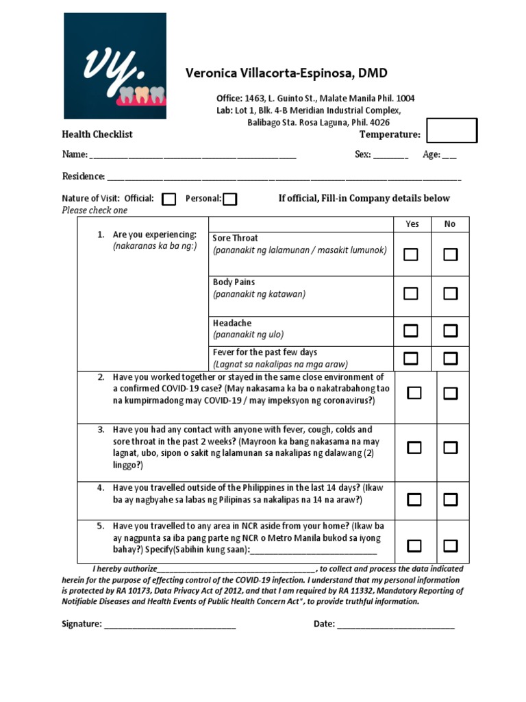 COVID-19 Health Checklist Form | PDF | Microbiology | Clinical Medicine