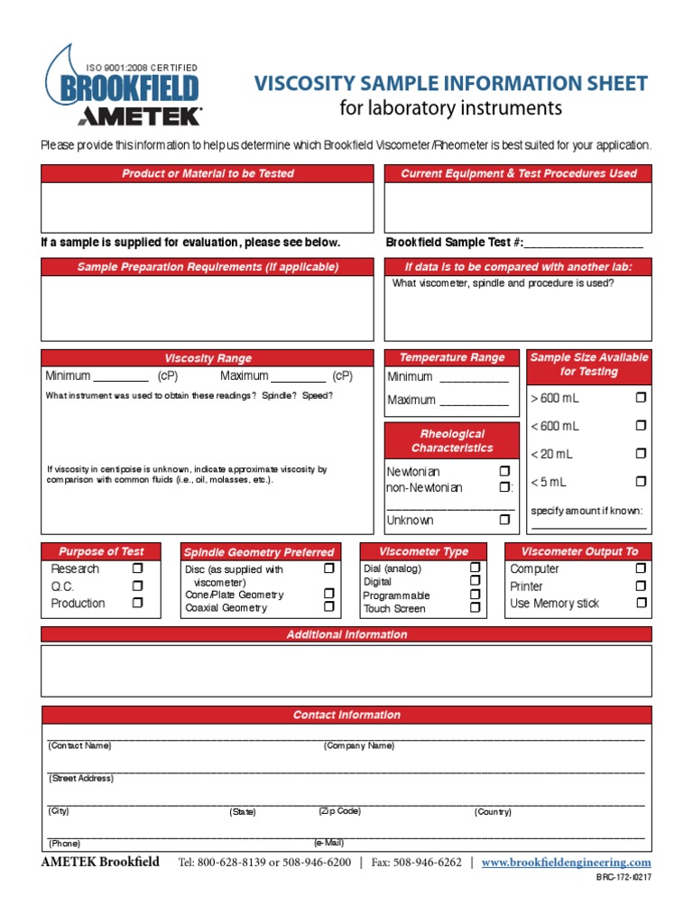 Viscosity Sample Information Sheet PDF | PDF | Viscosity | Liquids
