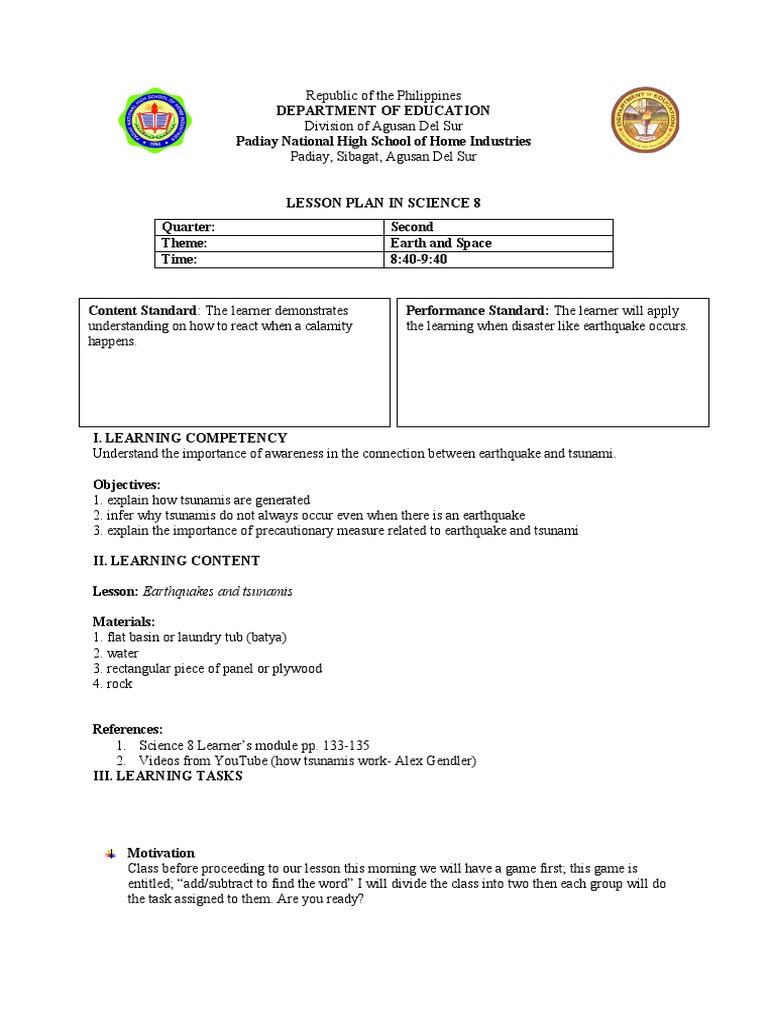 Science 8: Earthquake & Tsunami Awareness | PDF | Tsunami | Pedagogy