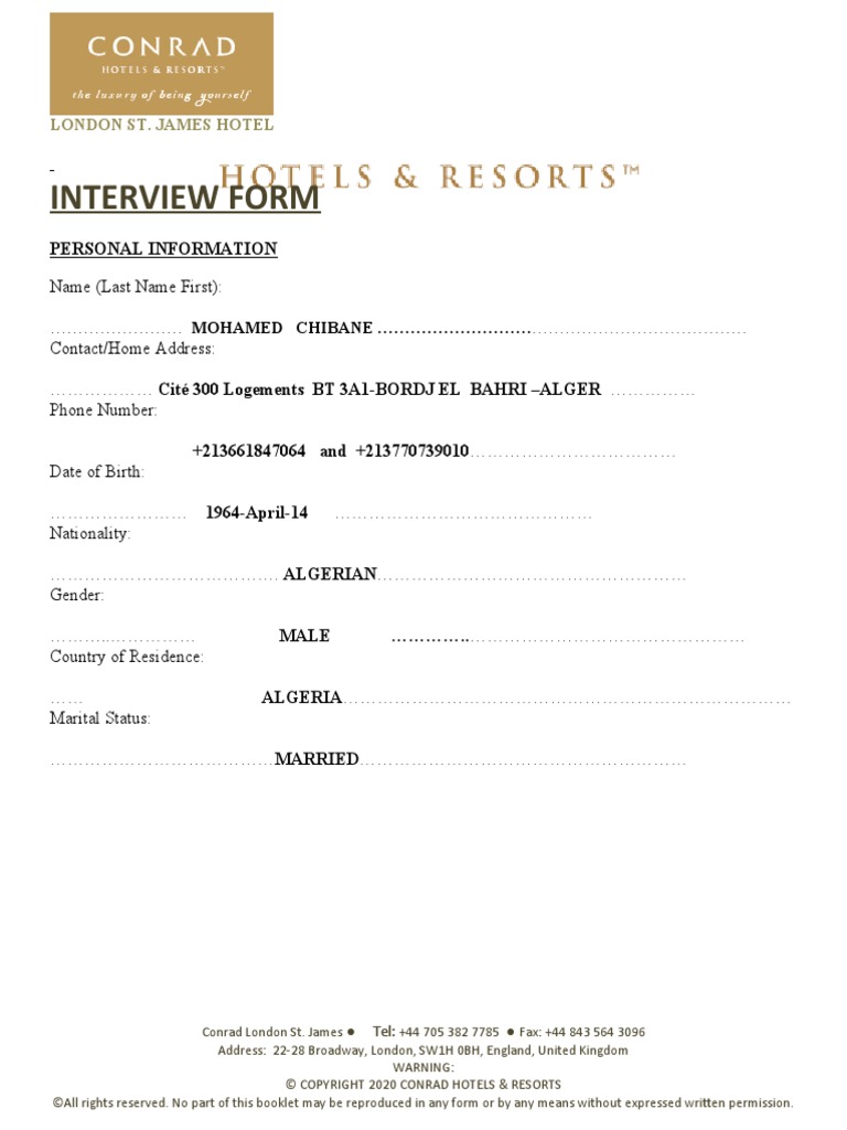 Conrad London St. James Hotel Interview Form | PDF | Business