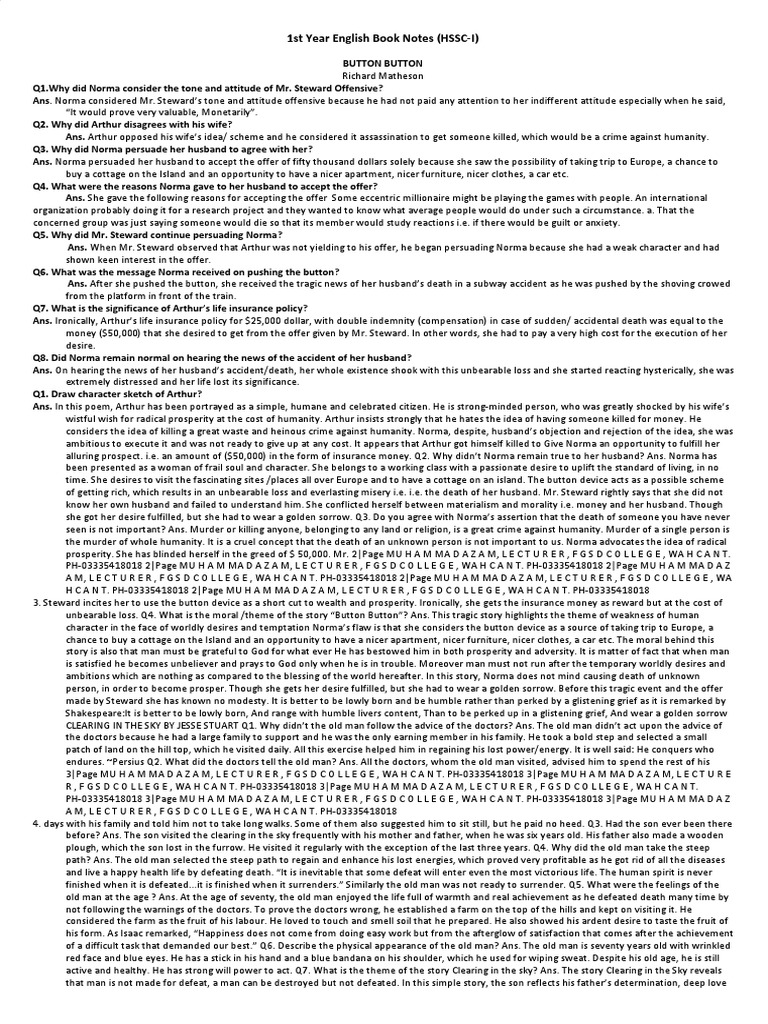 1st Year English Book Notes | PDF