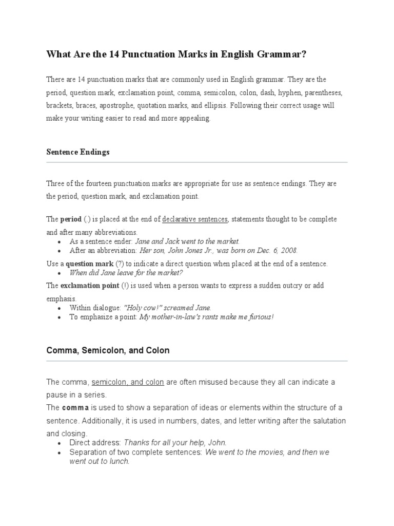 What Are The 14 Punctuation Marks in English Grammar?: Sentence Endings | PDF | Bracket | Ellipsis