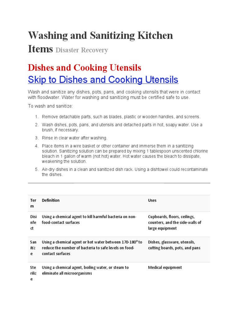 Washing and Sanitizing Kitchen Items: Dishes and Cooking Utensils | PDF ...