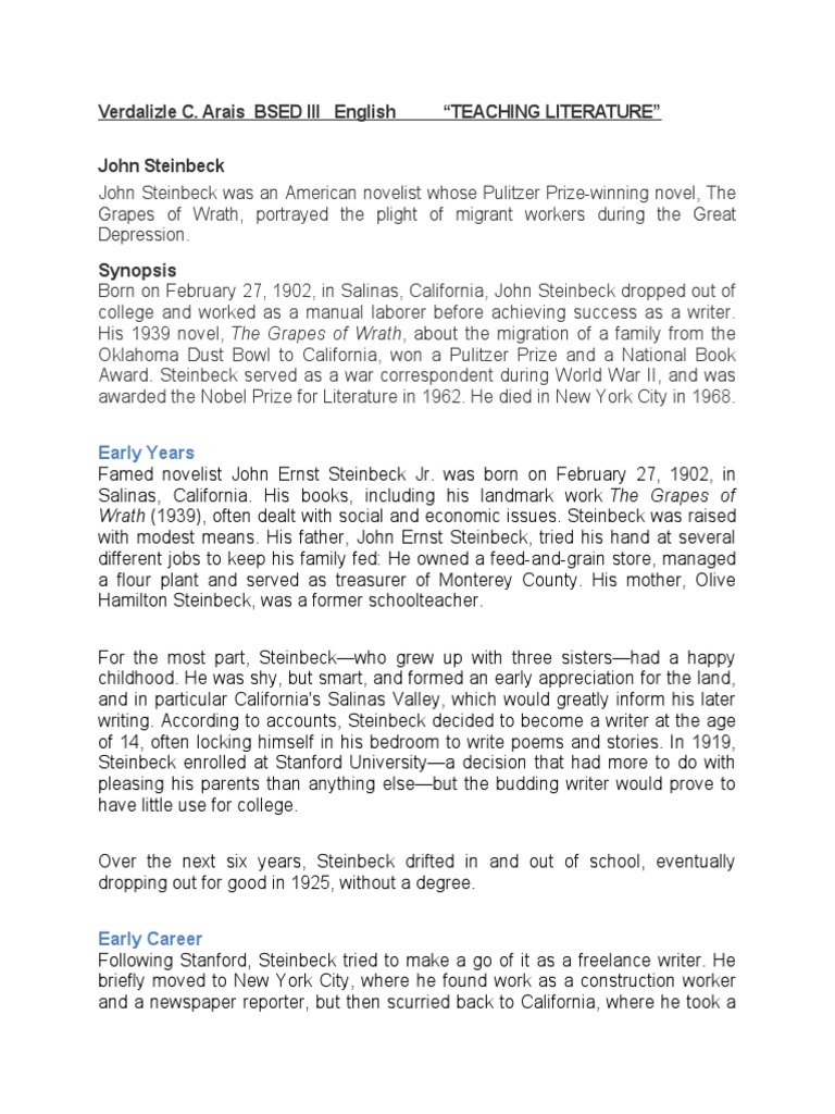 Biography of John Steinberk | PDF | John Steinbeck | Books