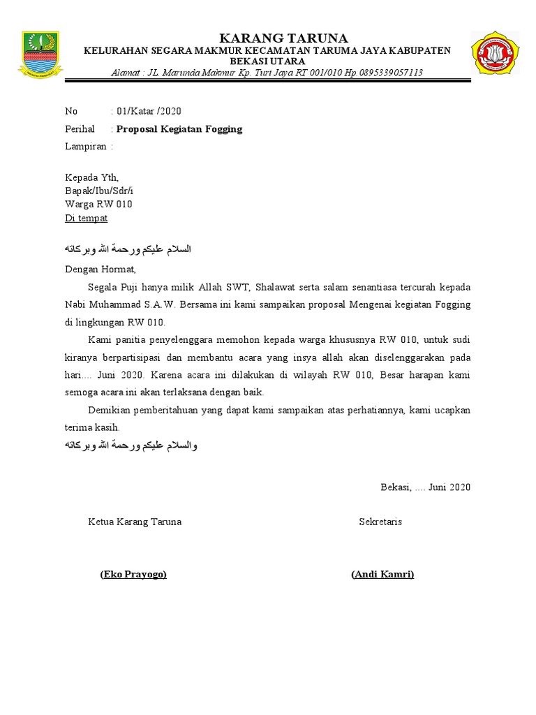 Proposal Fogging Karang Taruna RT 01&02 Periode Tahun 2020 | PDF
