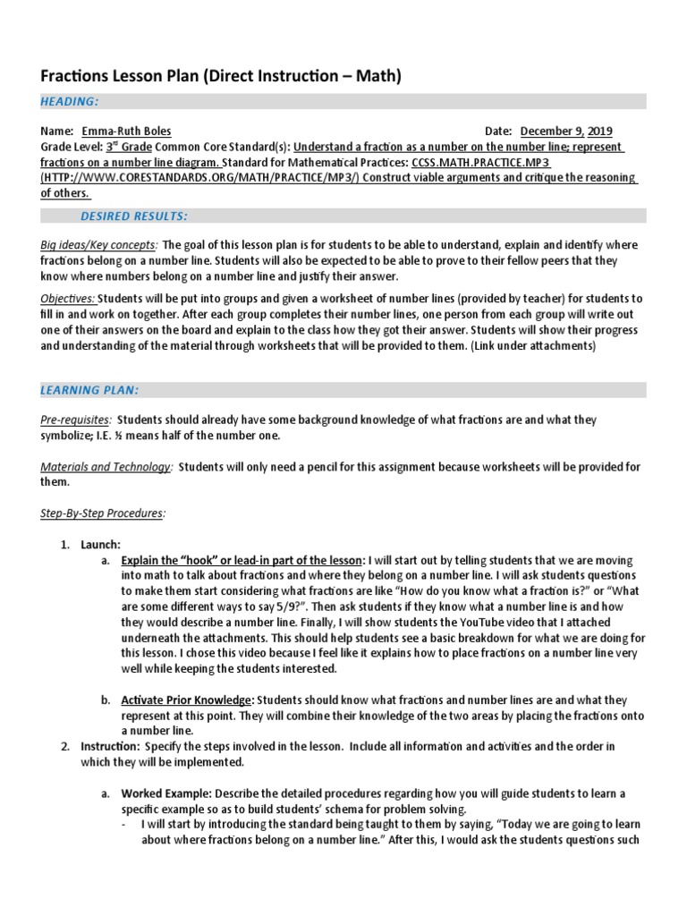Fractions Lesson Plan (Direct Instruction - Math) : Heading | PDF ...