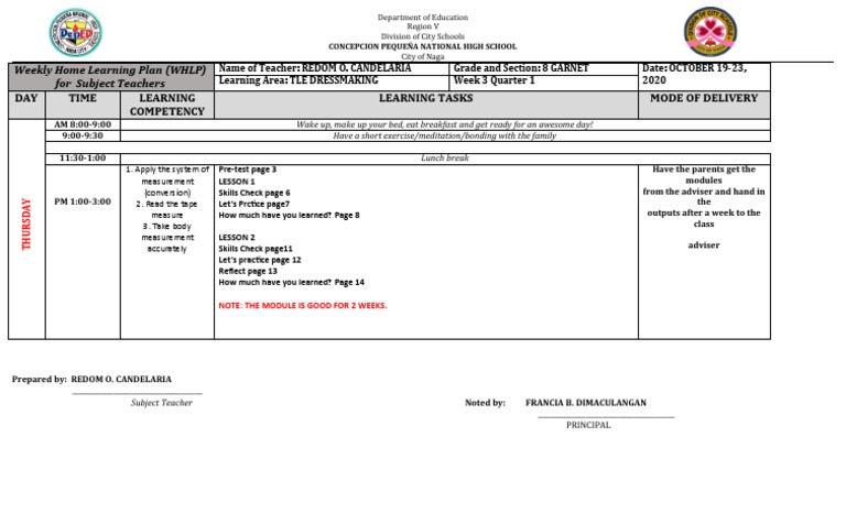 Weekly Home Learning Plan (WHLP) For Subject Teachers: DAY Time ...