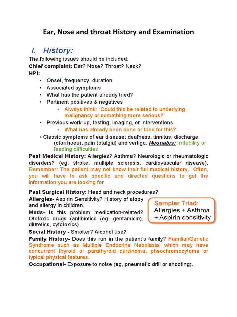 ENT History and Examination Guide | PDF | Human Nose | Hearing Loss
