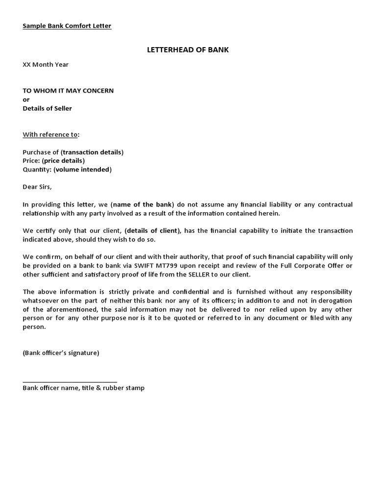 Sample Bank Comfort Letter | PDF