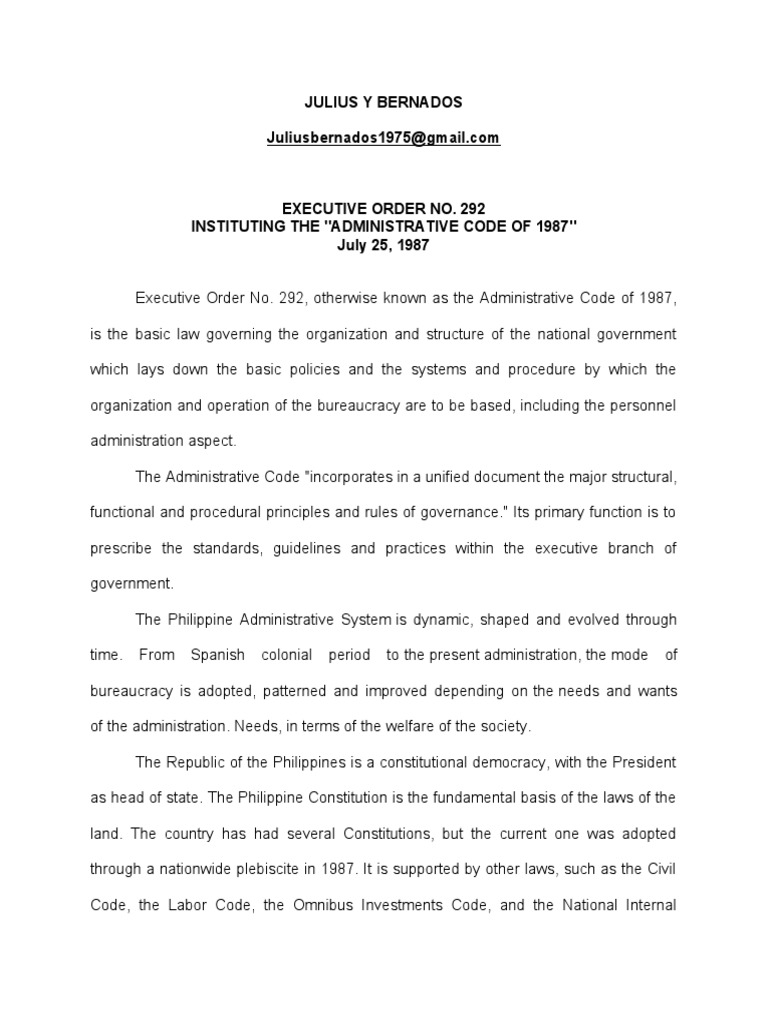 Executive Order No 292 Administrative Code of 1987 | PDF | Corruption ...