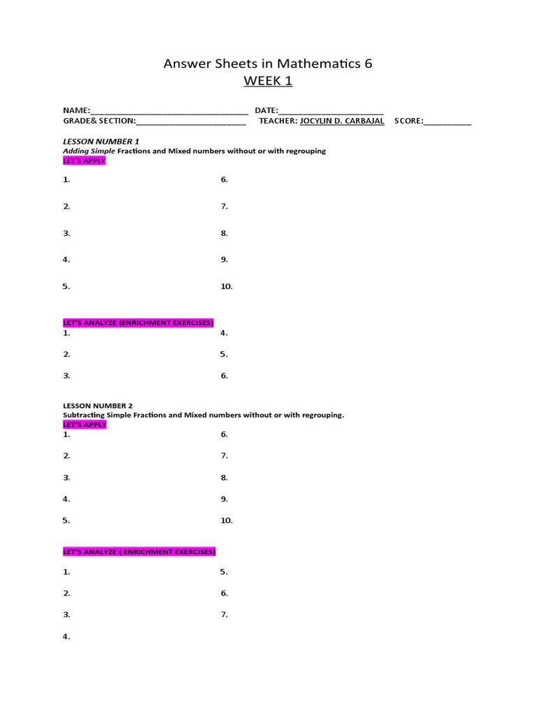 Answer Sheets in Mathematics 6 Week 1: Lesson Number 1 | PDF | Fraction ...