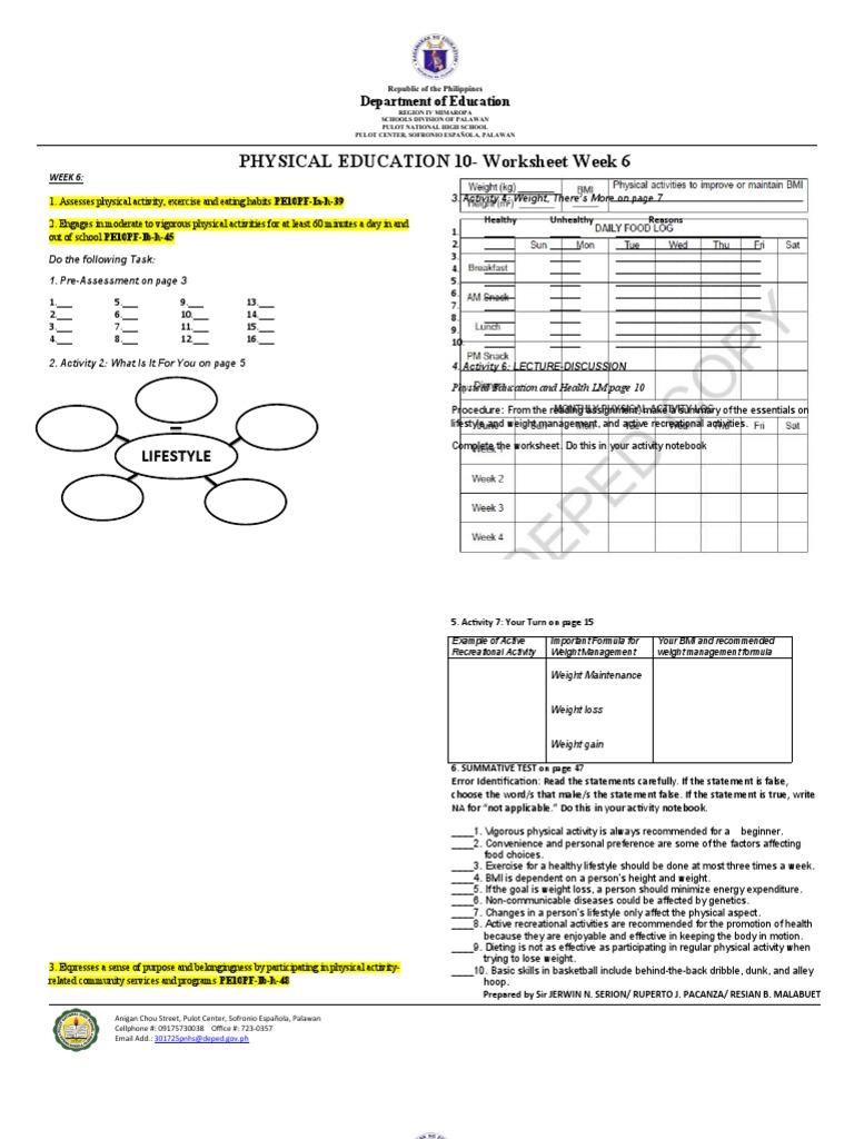PHYSICAL EDUCATION 10-Worksheet Week 6: Lifestyle | PDF | Weight ...