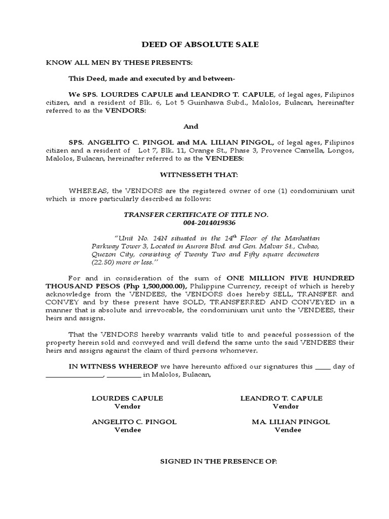 Deed of Absolute Sale (Condo) | PDF | Notary Public | Power Of Attorney