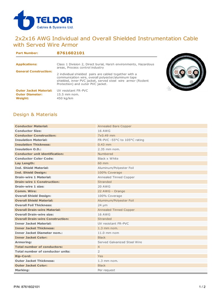2x2x16 AWG Individual and Overall Shielded Instrumentation Cable With ...