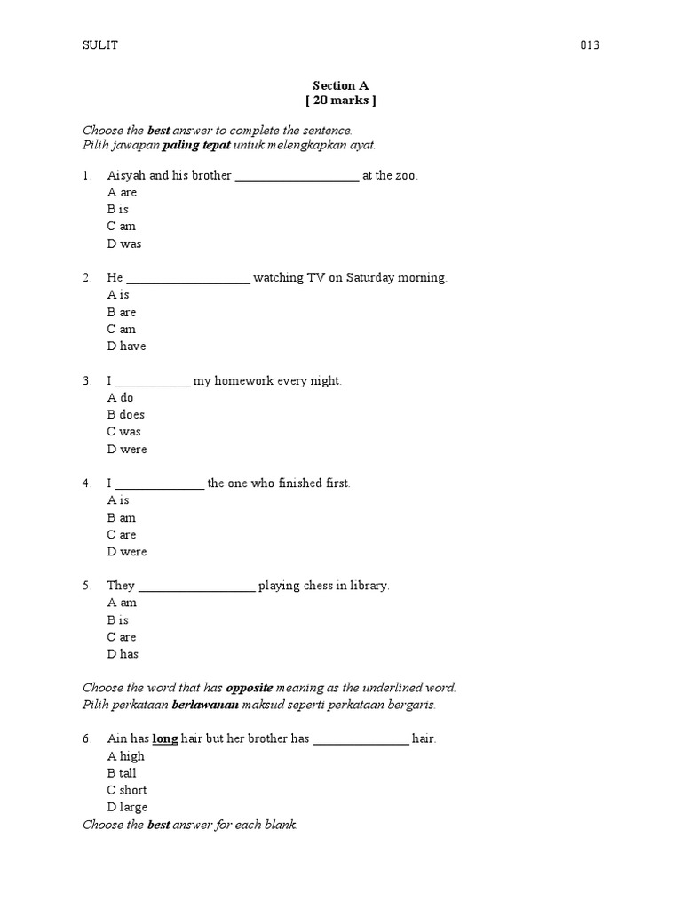 Standardized Assessment Test with Grammar, Vocabulary and Comprehension ...