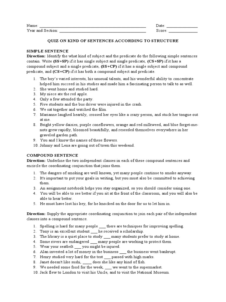 Long Quiz On Kinds of Sentences Accdg To Structure | PDF | Language ...