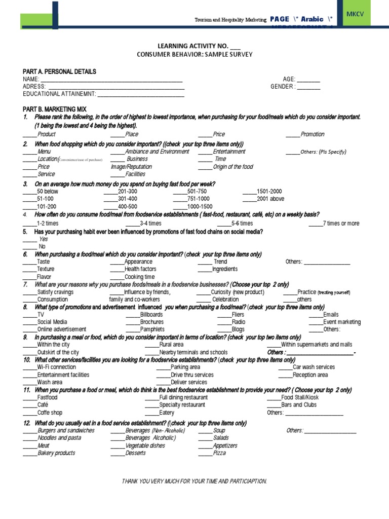 Consumer Behavior: Sample Survey: Learning Activity No. | PDF ...