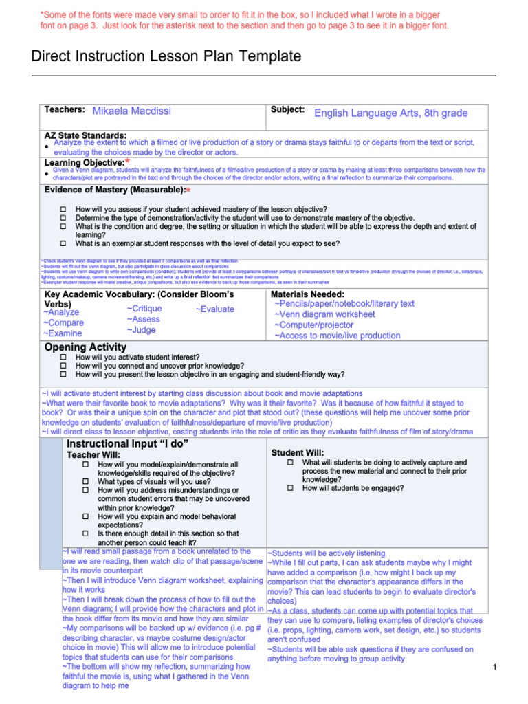 Direct Instruction Lesson Plan Template: Mikaela Macdissi English ...