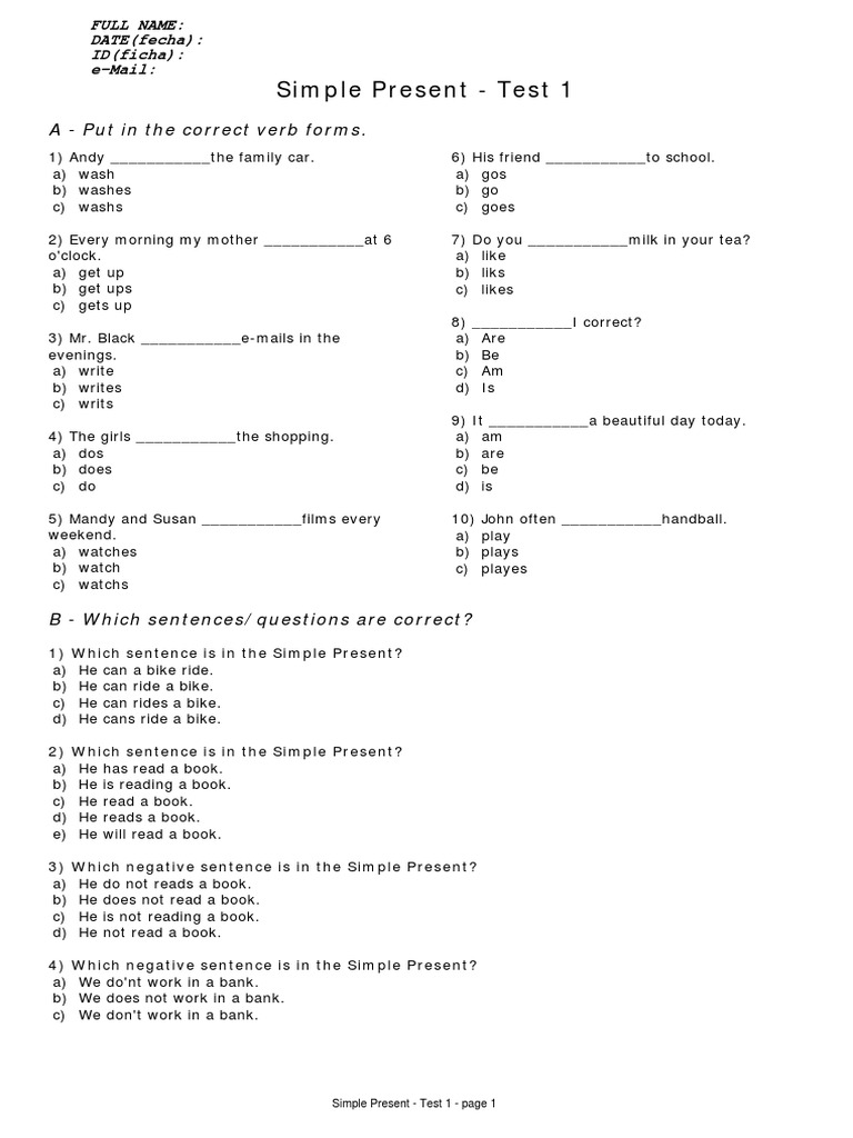 Simple Present Verb Form Test | PDF | Linguistic Typology | Language ...