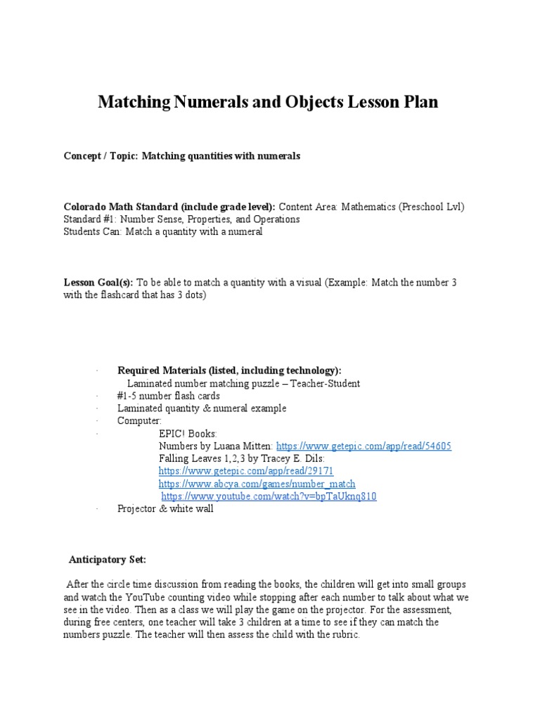 Matching Numerals and Objects Lesson Plan | PDF | Lesson Plan ...