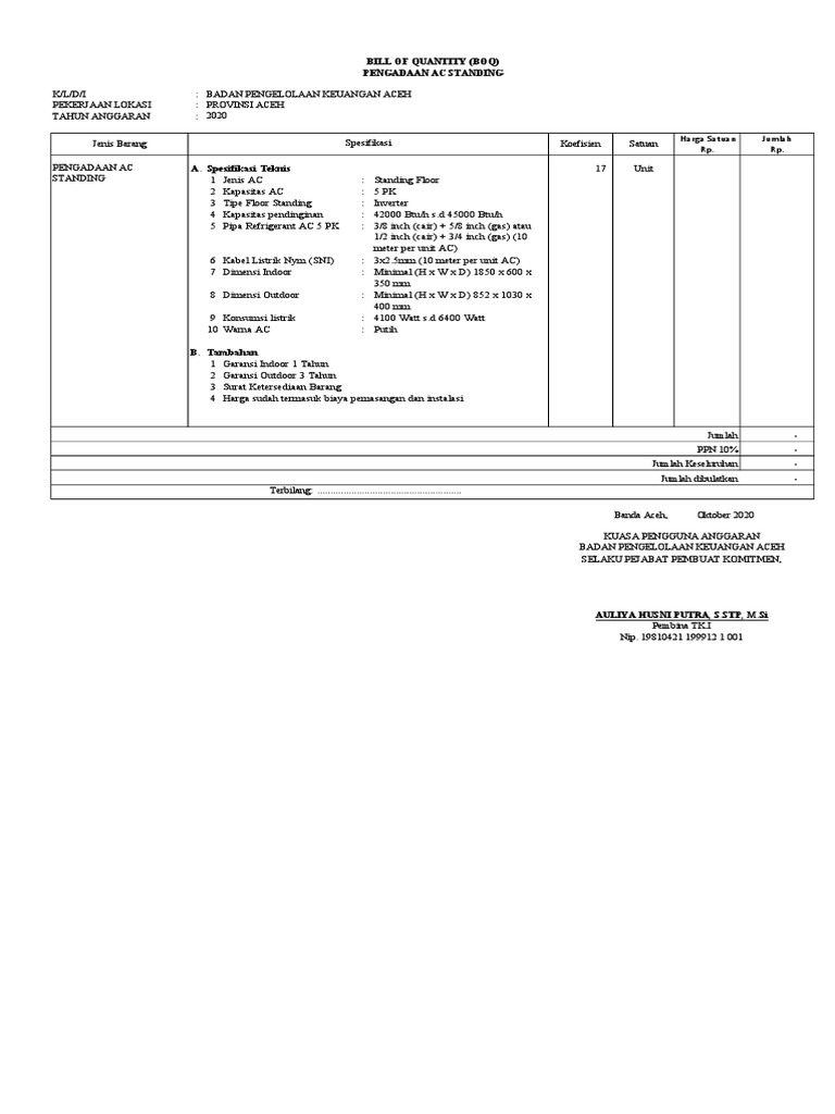 Boq Pengadaan Ac Standing | PDF