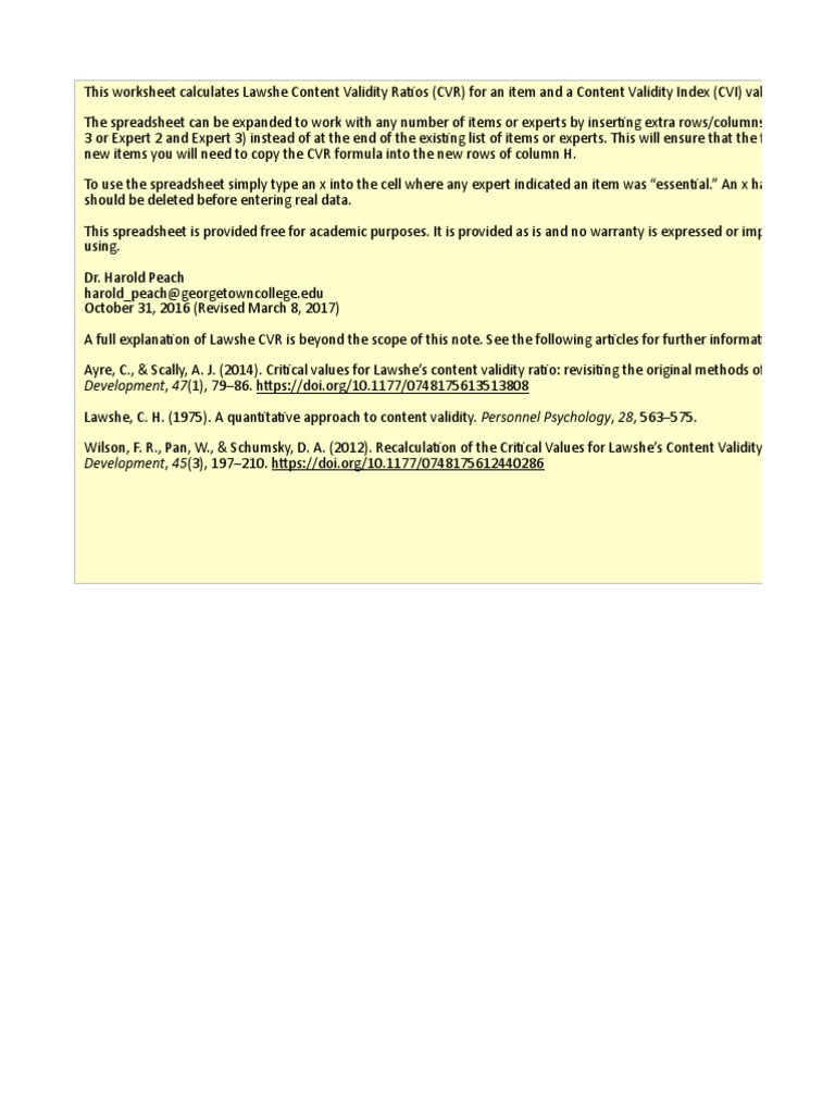 Lawshe CVR and CVI Calculator Spreadsheet | PDF | Spreadsheet | Business