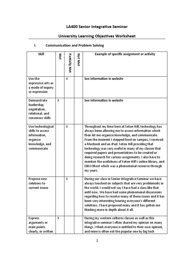 University Learning Objectives Worksheet Revised - 1-2 | PDF | Inquiry ...