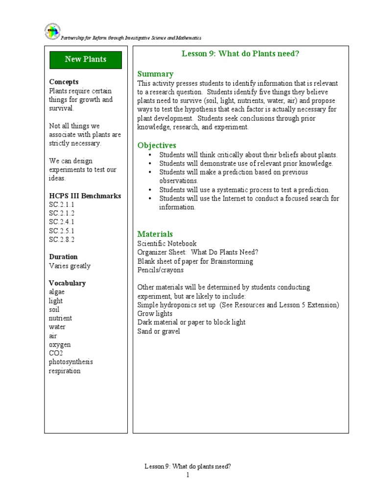 5th Grade Plant Needs | PDF | Plants | Organisms