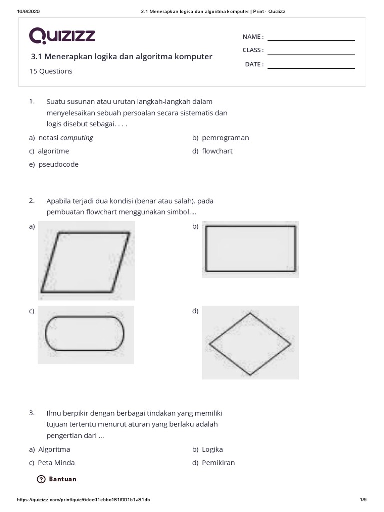 3.1 Menerapkan Logika Dan Algoritma Komputer - Print - Quizizz | PDF