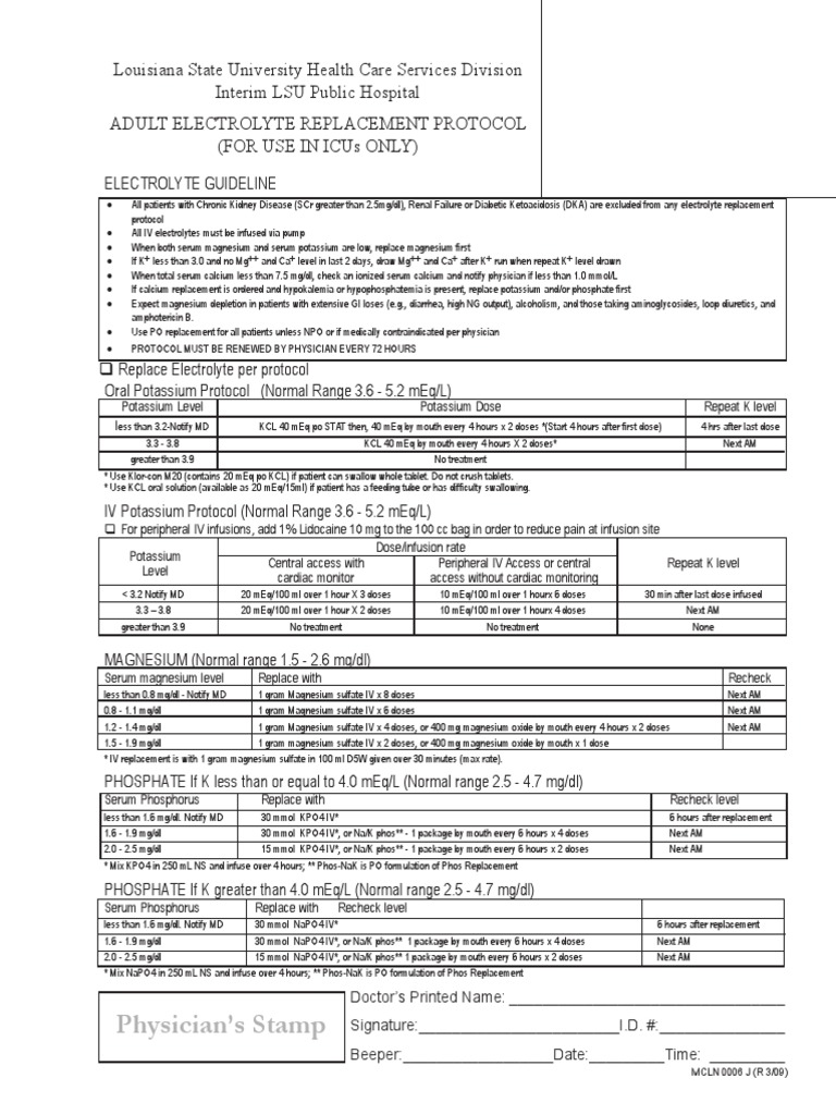 Adult Electrolyte Replacement Protocol - MCLN 0006 J PDF | PDF ...