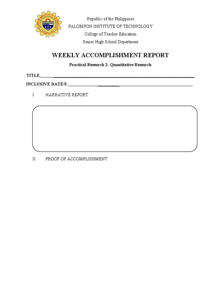 Weekly Accomplishment Report: Practical Research 2 Quantitative ...