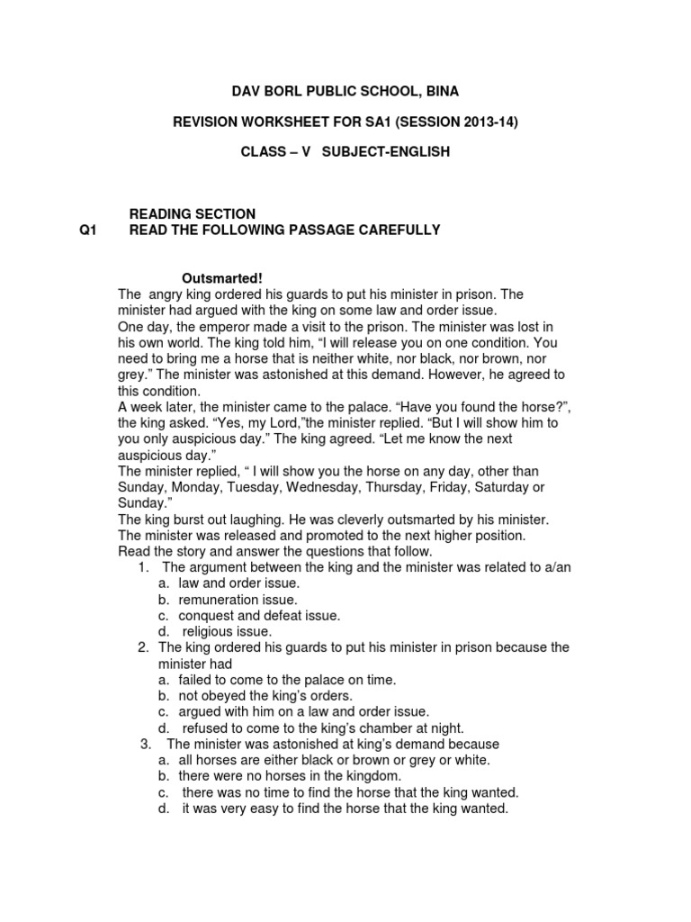 Class 5 English Comprehension Worksheet | PDF