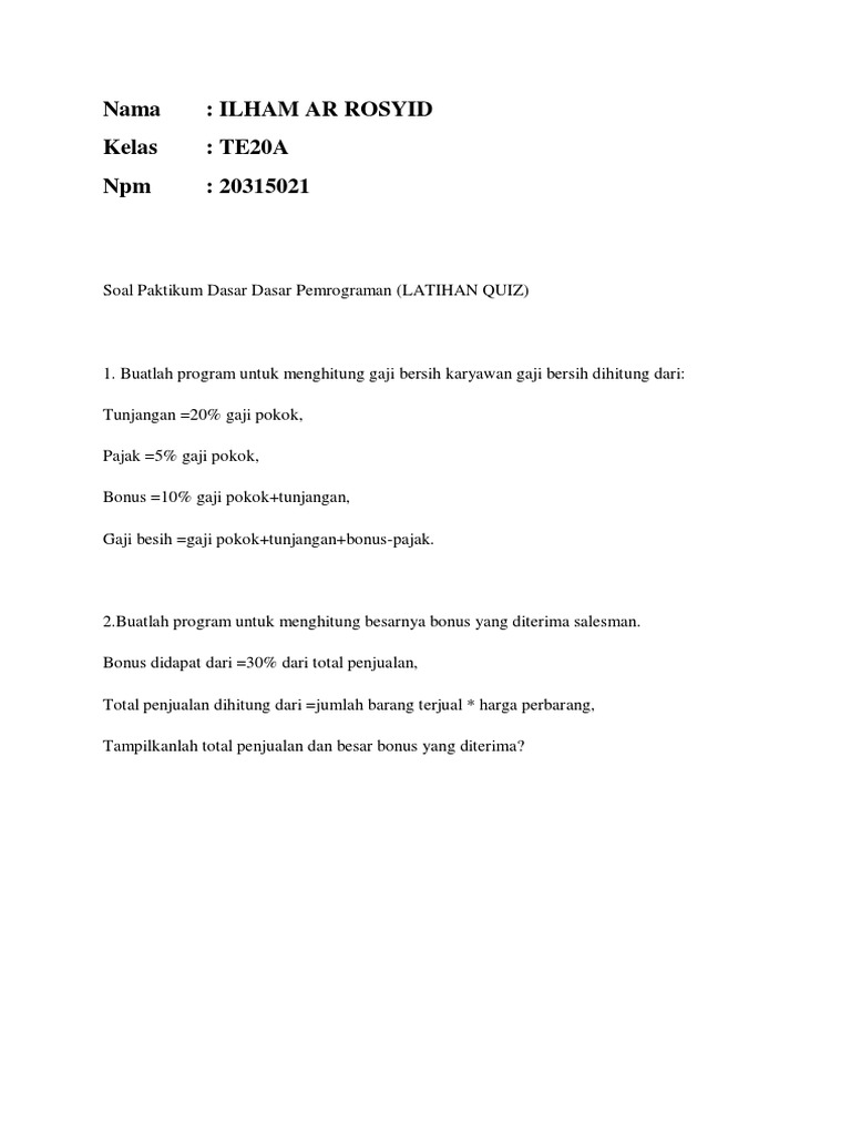 Soal Latihan Quiz Pdf