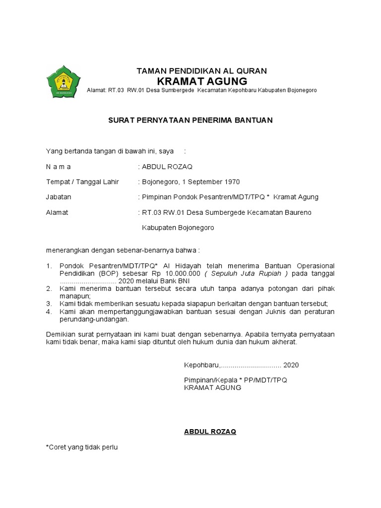 Format Surat Pernyataan TPQ | PDF