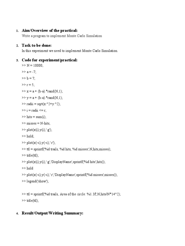 Aim/Overview of The Practical:: Write A Program To Implement Monte ...