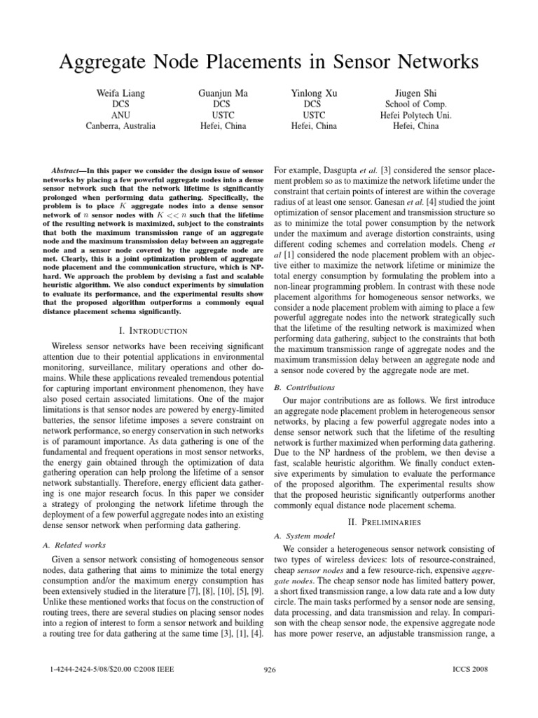 Aggregate Node Placements in Sensor Networks: Weifa Liang Guanjun Ma Yinlong Xu Jiugen Shi | PDF ...