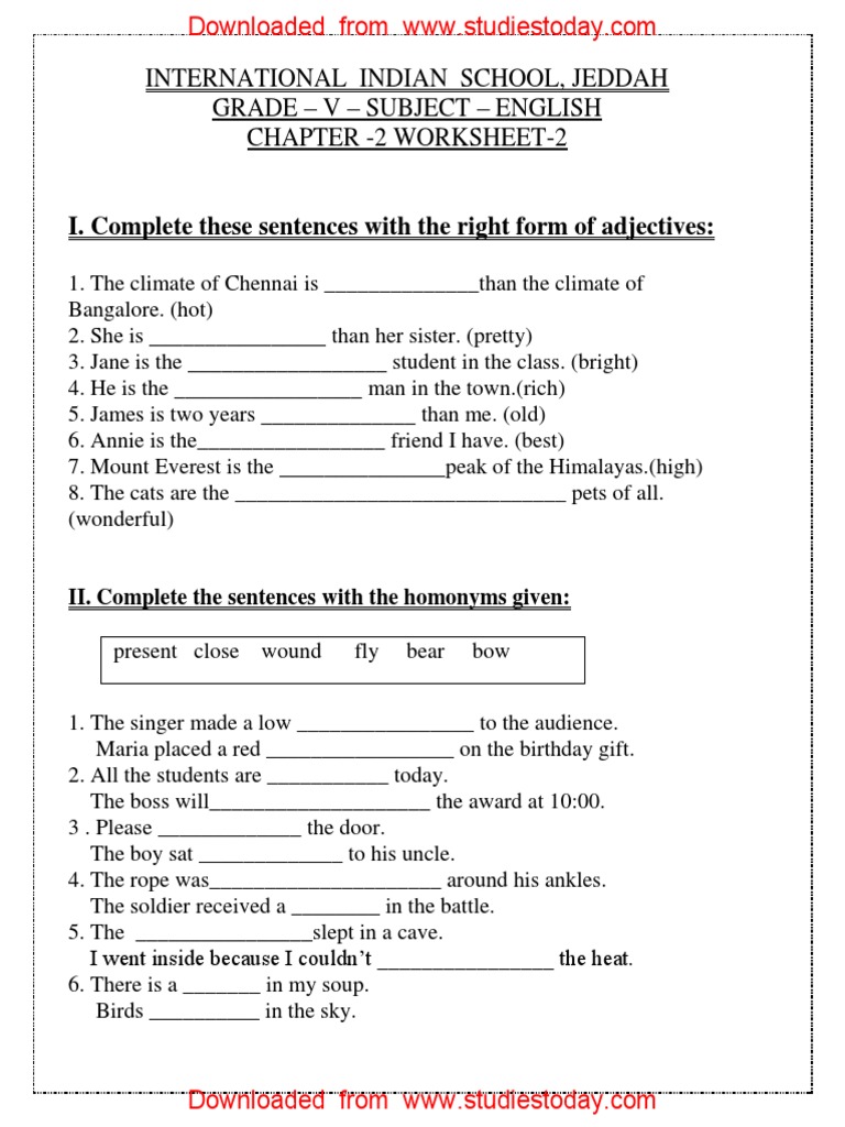 CBSE Class 5 English Worksheet - Adjectives | PDF