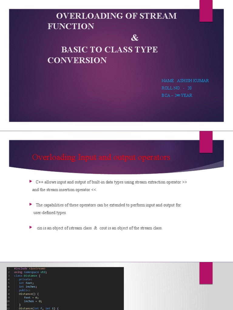 Overloading of Stream Function Basic To Class Type Conversion | PDF