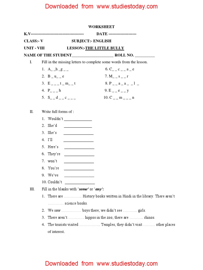 CBSE Class 5 English Worksheet - The Little Bully | PDF