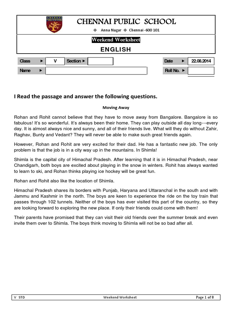 CBSE Class 5 English Worksheet - Passage (A2) | PDF | Sikhism