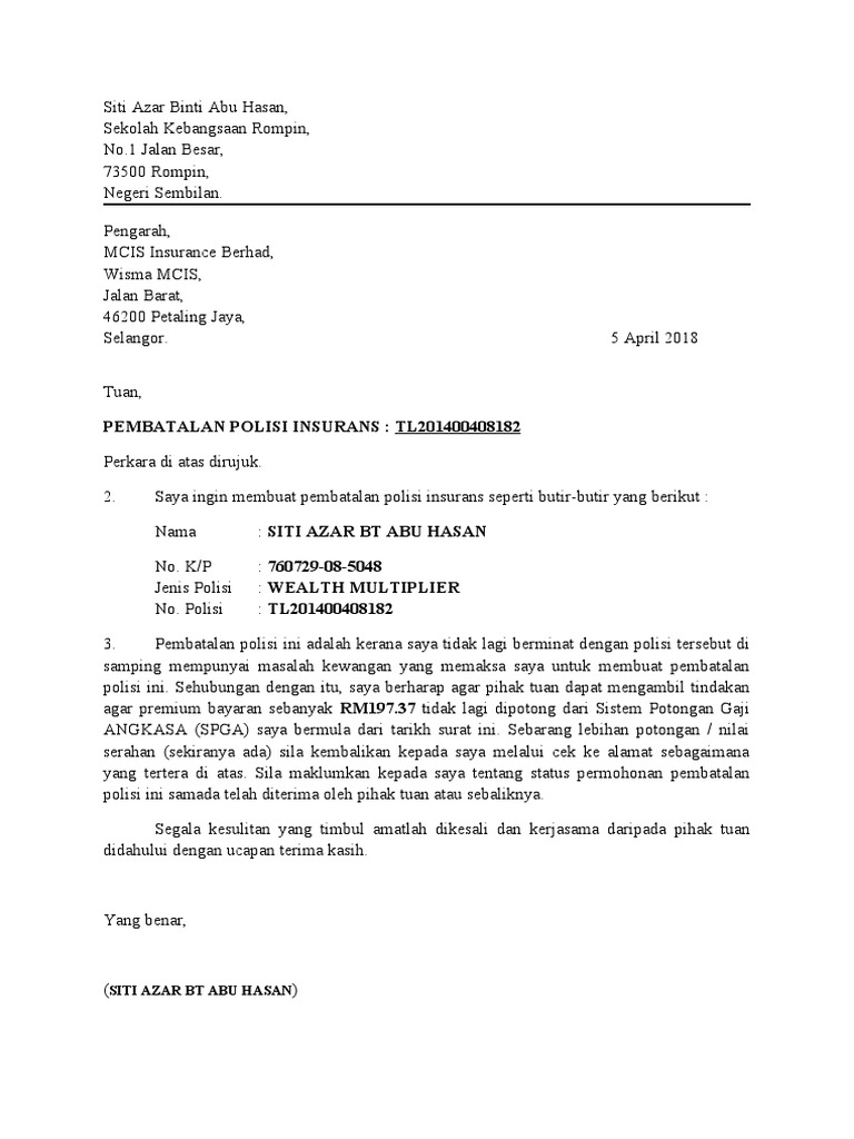 Surat-Pembatalan-Polisi-Insurans MCIS 1 | PDF