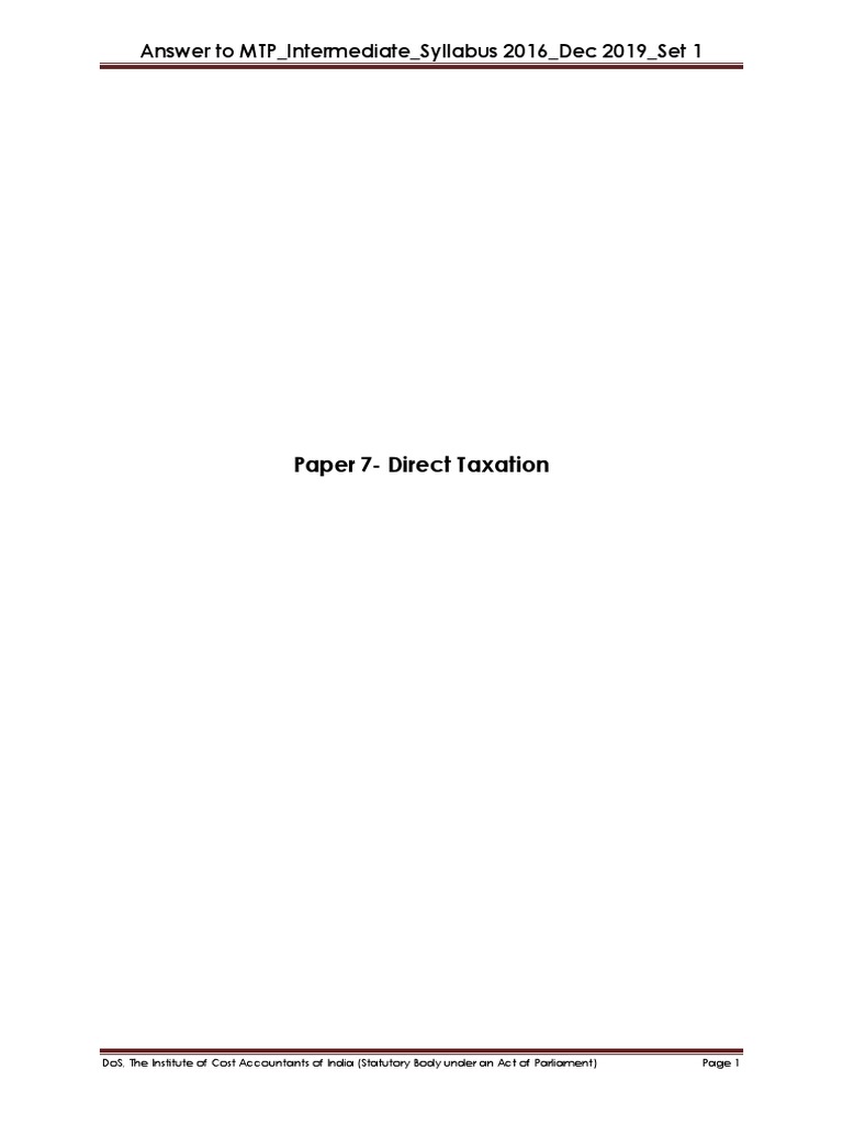 Answer To MTP - Intermediate - Syllabus 2016 - Dec 2019 - Set 1: Paper 7-Direct Taxation | PDF ...