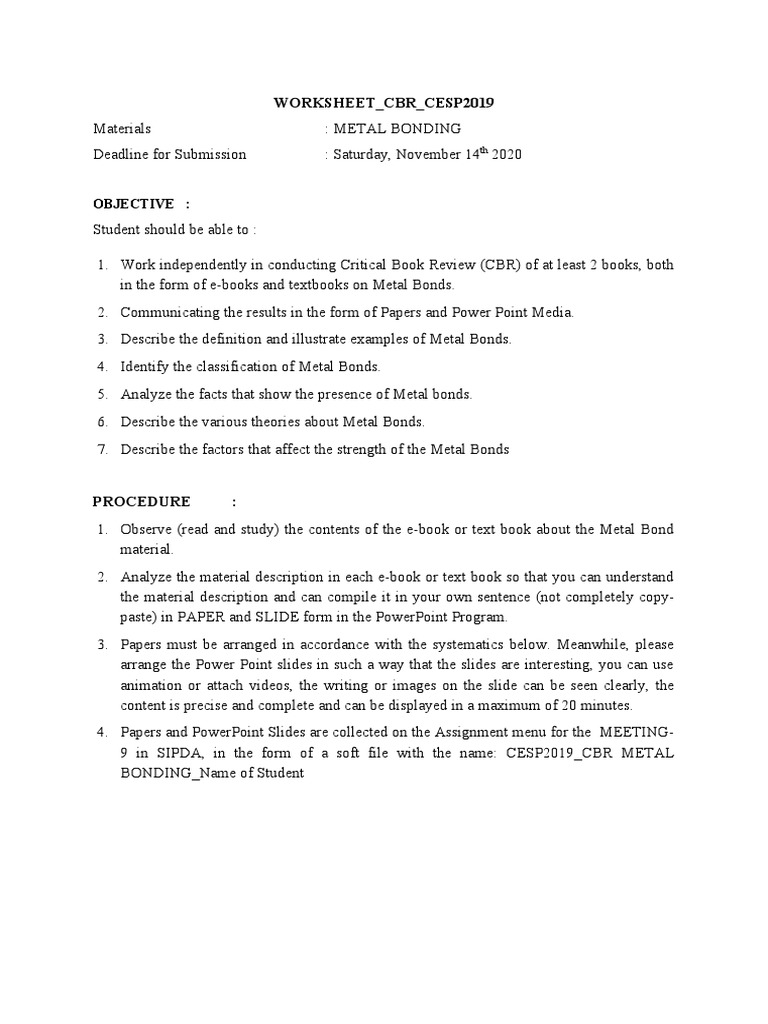 Worksheet - CBR - Metal Bonding - Cesp2019 | PDF | Textbook | Books