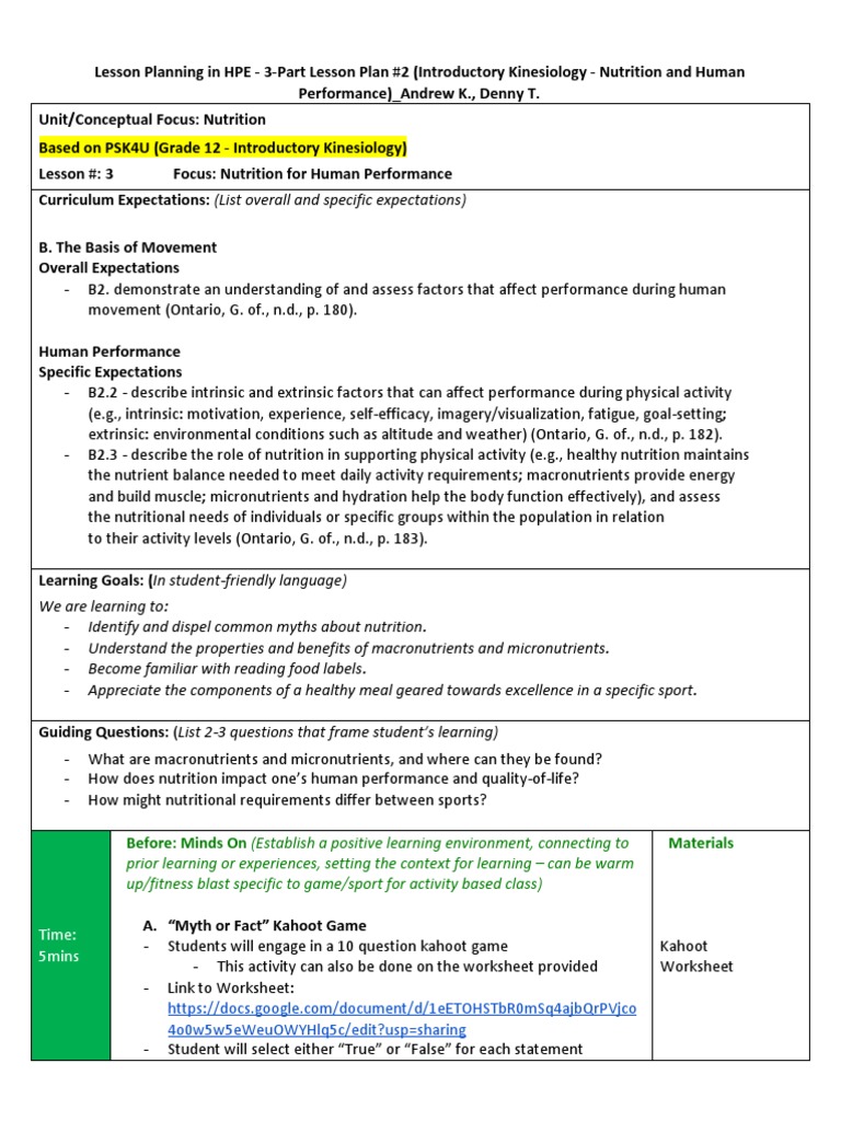 3 Part Lesson Plan For Hpe 2 Nutrition and Human Performance Andrew K ...