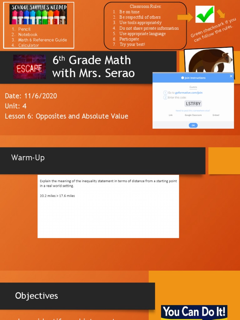6 Grade Math With Mrs. Serao: Date: 11/6/2020 Unit: 4 Lesson 6 ...