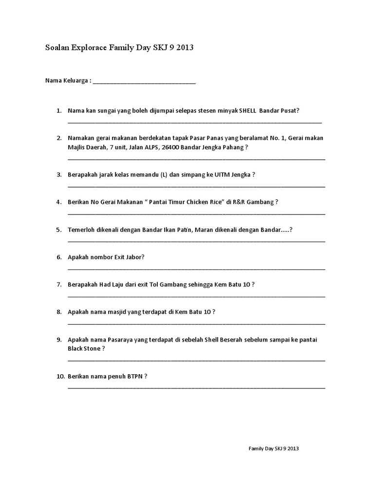 Soalan Explorace Family Day SKJ 9 2013 | PDF