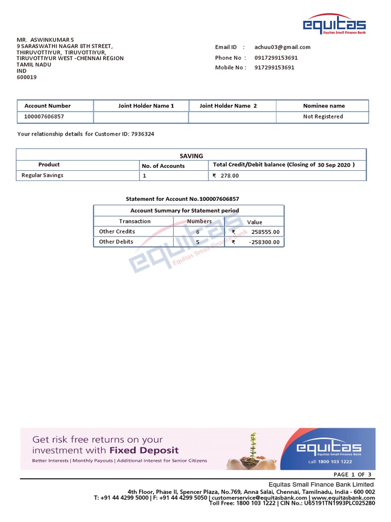 Equitas Bank Account Statement | PDF | Payments | Debits And Credits