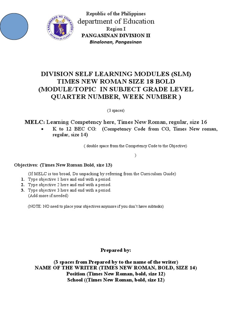 Division Self Learning Modules Template | PDF | Times New Roman | Books