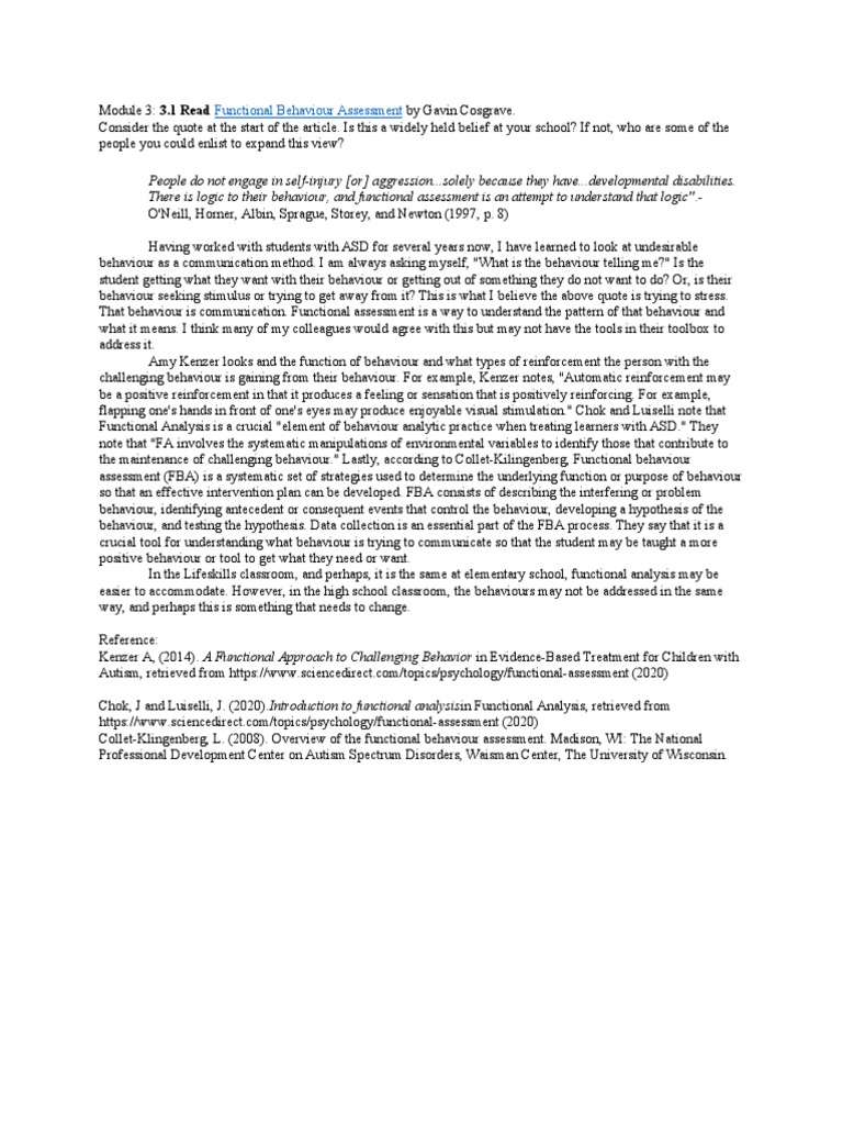 Module 3 Reflection Fba | PDF | Behaviorism | Psychological Concepts