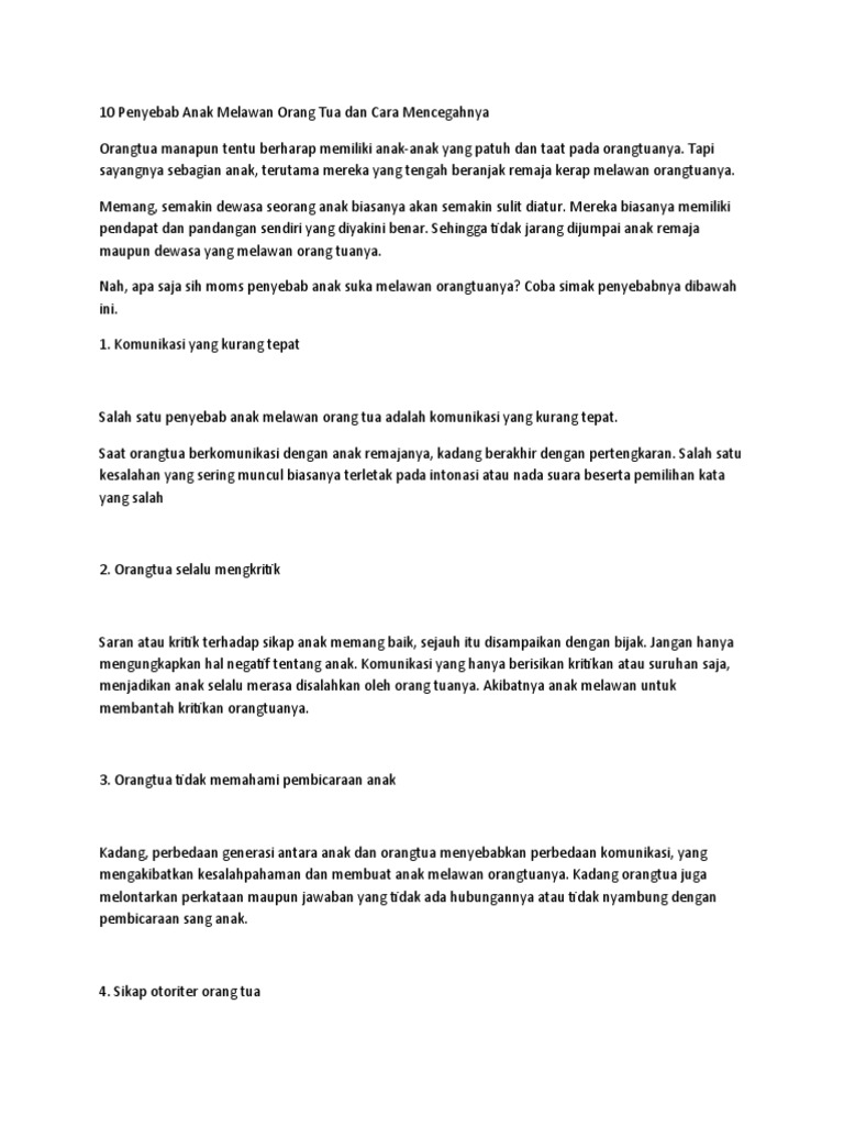 10 Penyebab Anak Melawan Orang Tua Dan Cara Mencegahnya | PDF